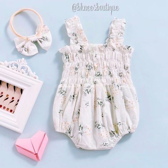 One Pieces | Girl Boutique Smocked White Floral 2pc Romper Set | Poshmark